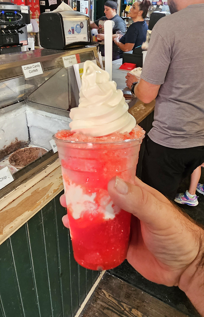 That's not just a strawberry float&mdash;it's summer in a cup, with a cloud of vanilla soft serve floating like a dream on top.