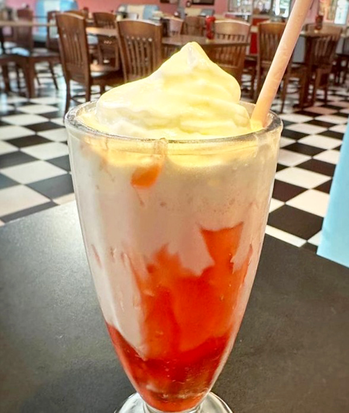 A strawberry milkshake that's part dessert, part work of art, and entirely worth the brain freeze you'll get from drinking it too quickly.