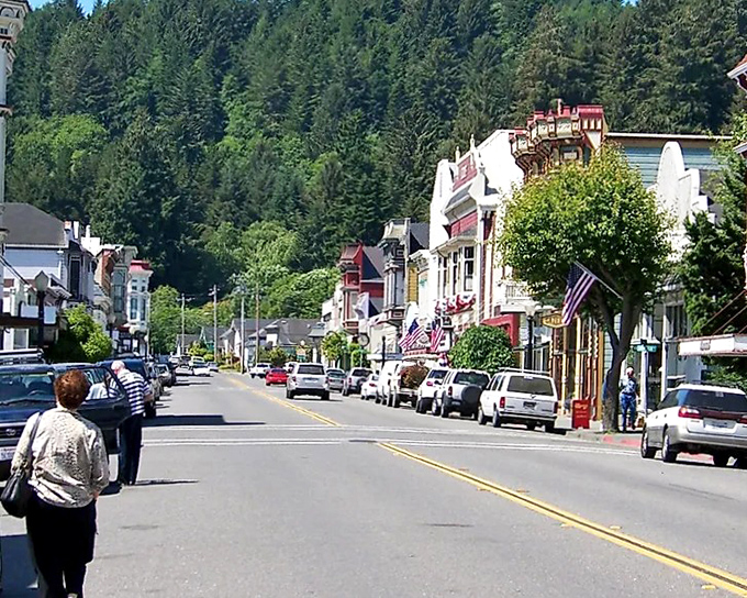 Sunlight plays across Ferndale's historic facades, highlighting ornate details that modern builders would need a therapist to attempt recreating.