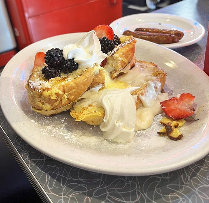 French toast that's having an identity crisis in the best possible way&mdash;stuffed, topped, and transformed into something between breakfast and dessert.