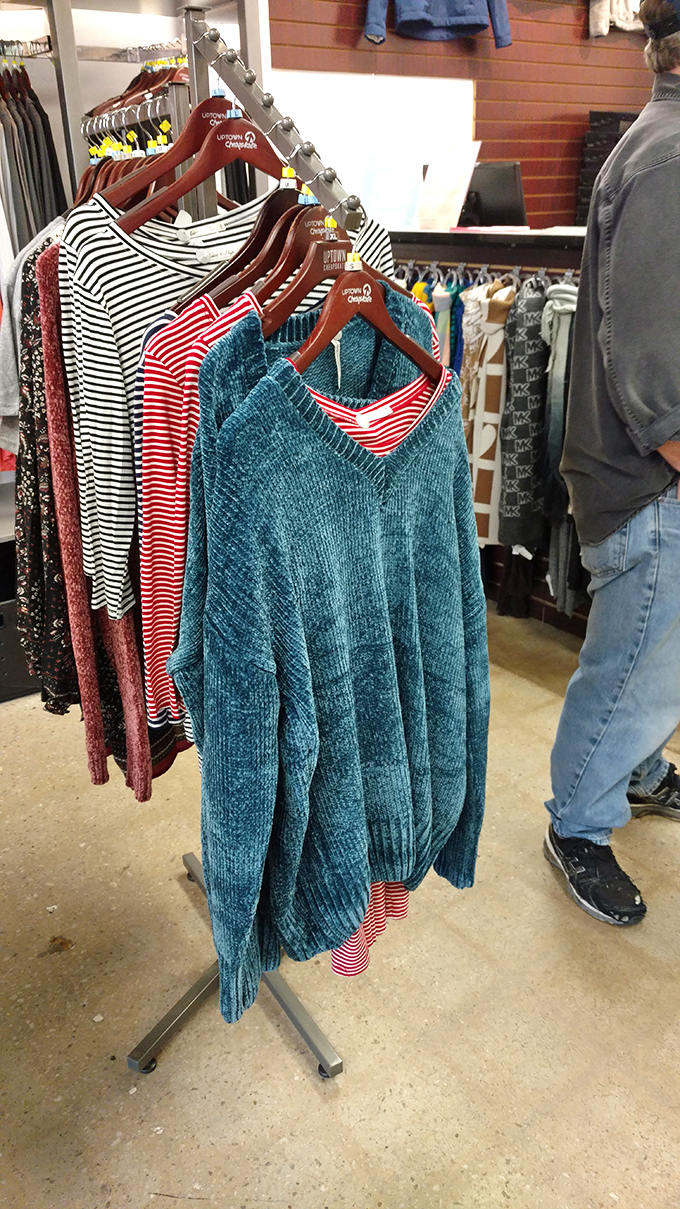 Sweaters with personality hanging out like old friends at a reunion. That blue chenille is calling your name.