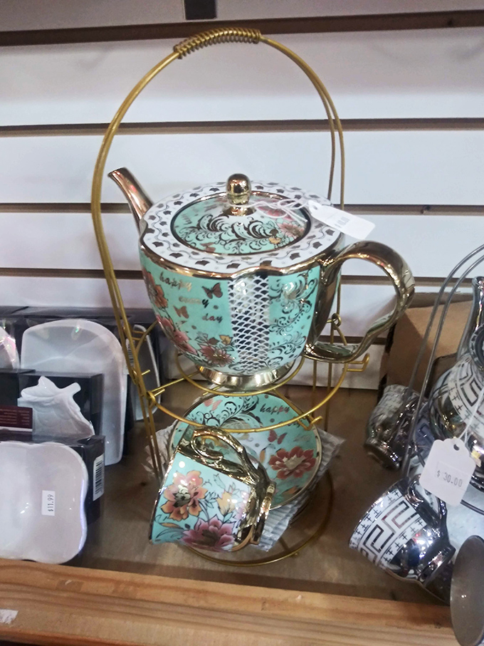 This elegant teal tea set wouldn't look out of place in a downtown antique shop, yet here it sits among thousands of treasures, waiting for its perfect home.