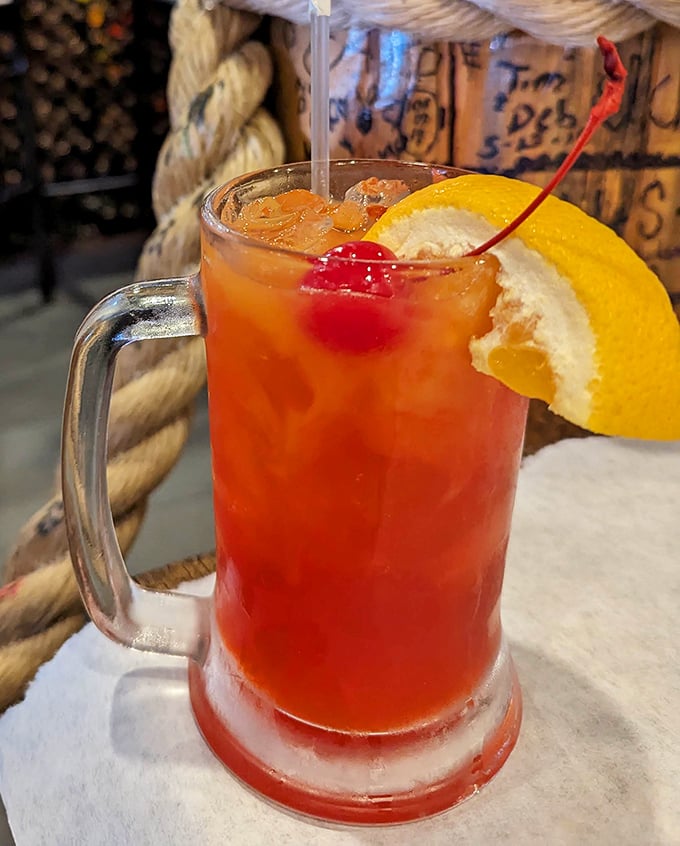 This isn't just a drink; it's a Tennessee sunset in a glass, complete with the promise of good times and seafood memories.
