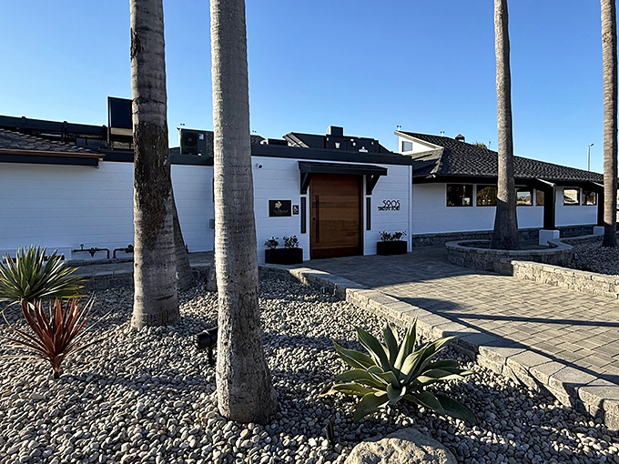 Modern minimalism meets desert landscaping at this Goleta property, where palm trees stand like exclamation points against the pristine white walls.