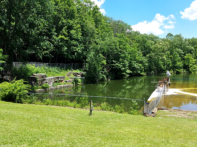 Tranquility defined: Peninsula Quarry's still waters reflect centuries of history, a peaceful oasis that was once the industrial heartbeat of the valley.