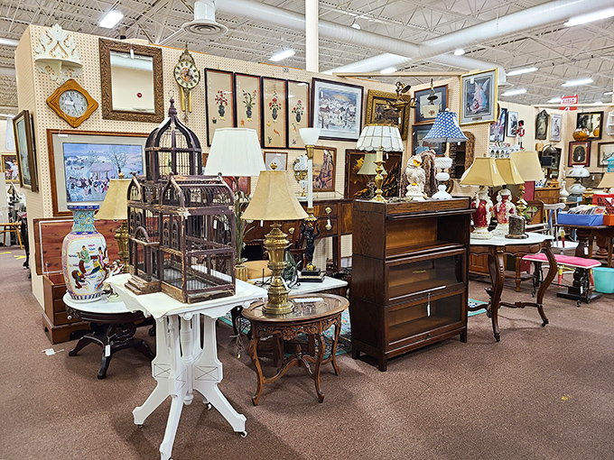 Furniture that witnessed history unfolds before you. That birdcage has seen more than you'd imagine, and the lamps have illuminated countless evenings.