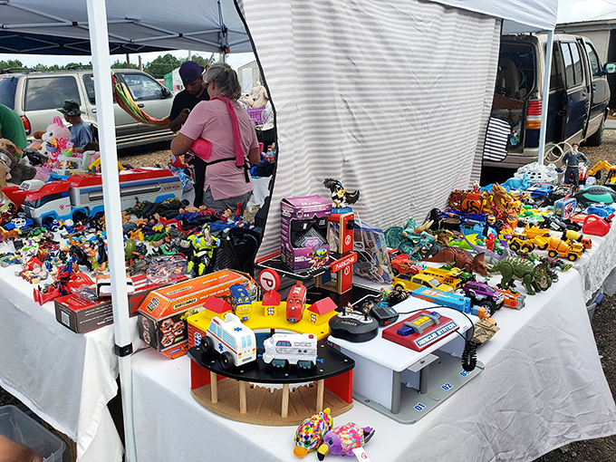 Childhood joy spread across a table! From vintage action figures to modern gadgets, this toy display would make even the Toy Story gang jealous.