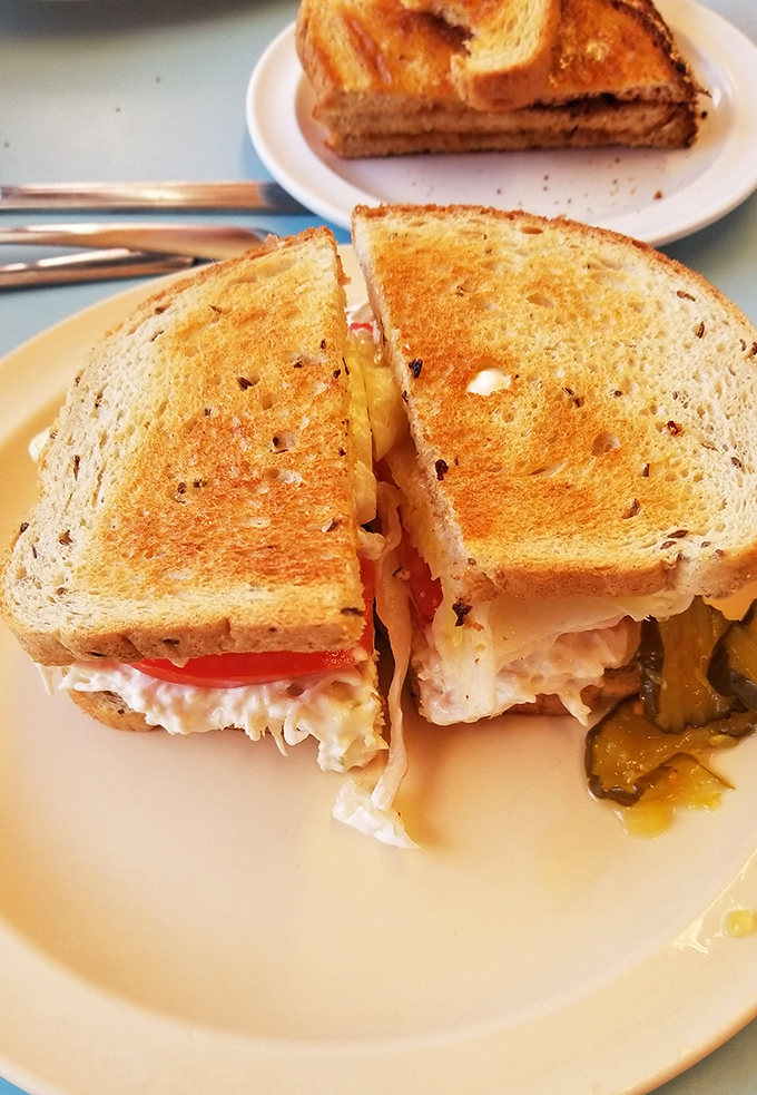 A sandwich cut with geometric precision that would make Pythagoras proud. Tuna salad, tomato, and pickle &ndash; the holy trinity of lunch.