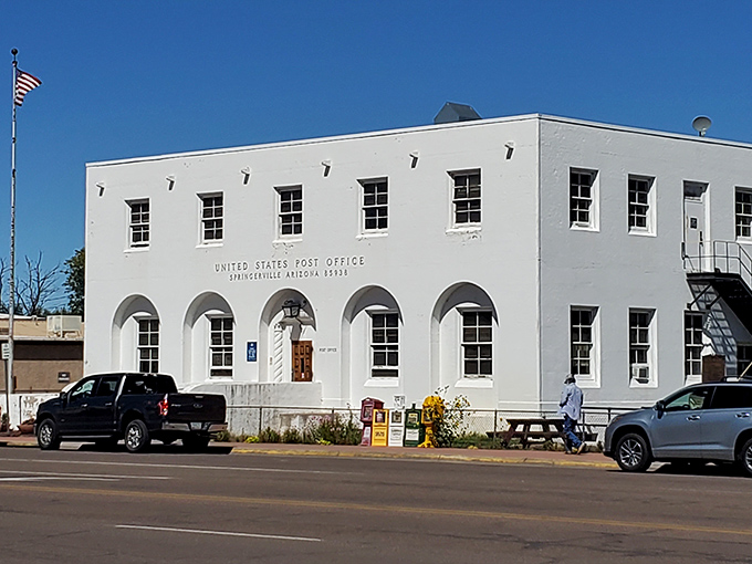Springerville's pristine white post office building combines 1930s architectural elegance with the practical purpose of connecting this remote mountain town to the world.