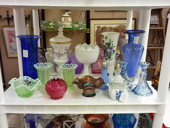 Colorful Depression glass and delicate porcelain catch the light like jewels. Grandmother's china cabinet never looked this good.