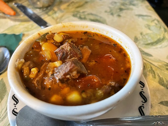 A hearty vegetable beef soup that could qualify as a meal itself. Wisconsin winters demand this kind of serious comfort in a bowl.