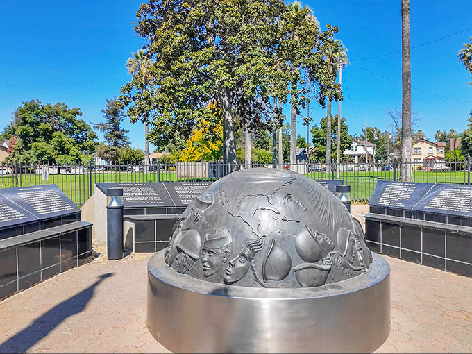 This globe sculpture honors veterans while reminding visitors that small towns often have the biggest hearts and deepest connections.