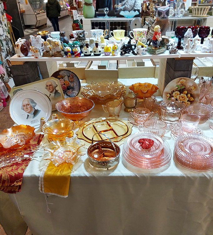 Depression-era glassware catches light like edible jewels, each piece a small work of art.