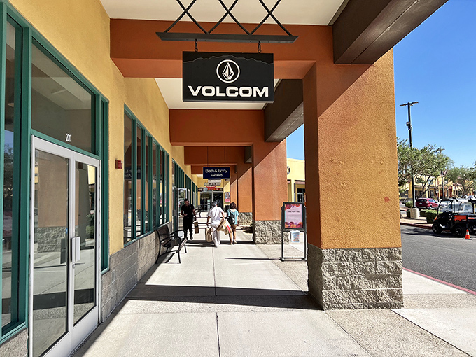 Volcom's hanging sign marks the entrance to surf and skate style, proving desert waves come in the form of discount racks.