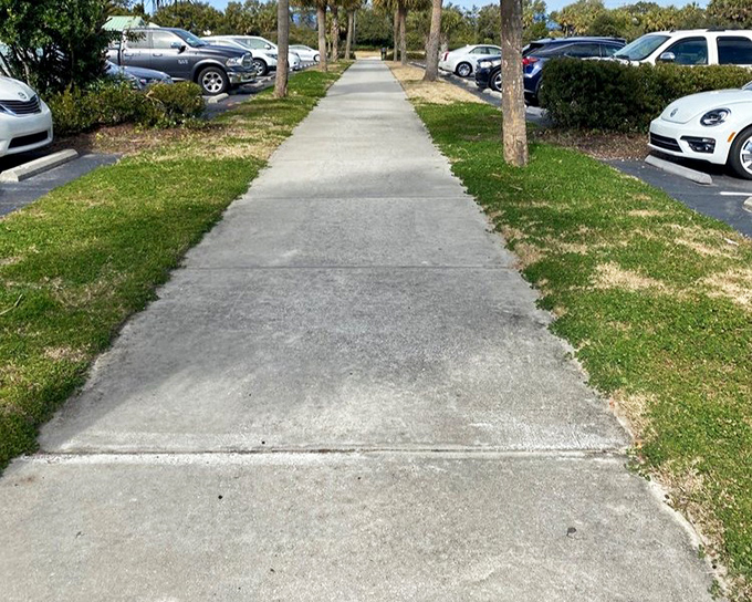 A well-planned pathway flanked by palm trees and parking spaces&mdash;the unsung hero of beach accessibility. Vacation begins the moment you step out.