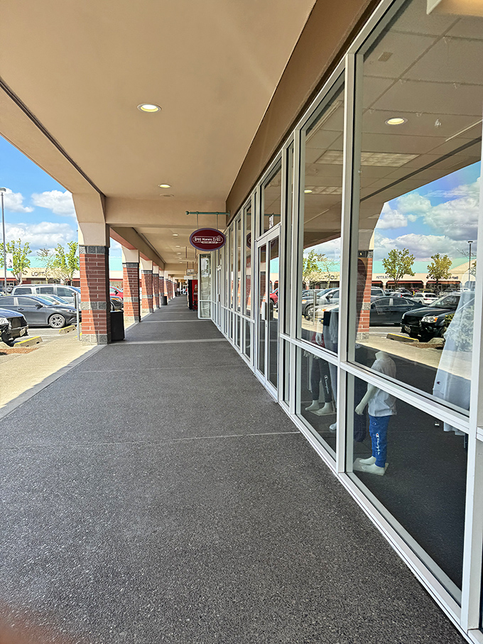 Wide, covered walkways mean Oregon's famous rain won't dampen your shopping spirit or your new purchases.