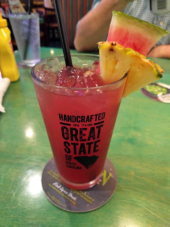 A vacation in a glass&mdash;this watermelon sangria comes garnished with fruit and South Carolina pride.