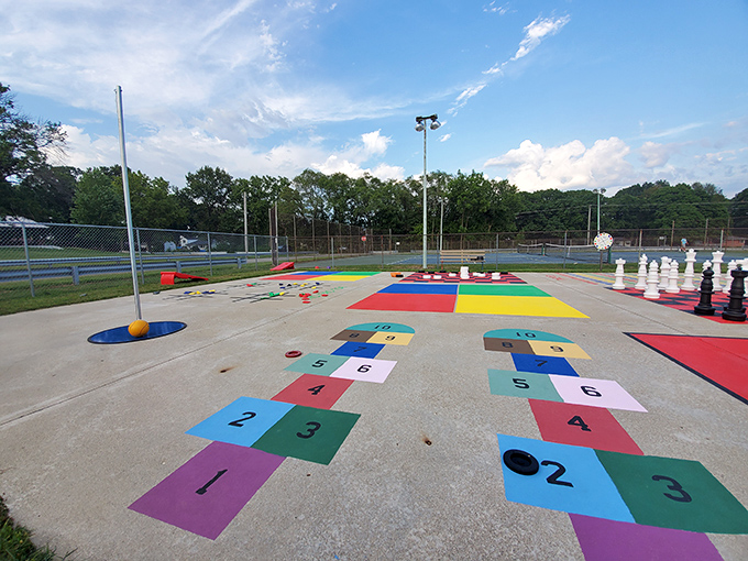 The town park's colorful hopscotch and giant chess set invite both the young and young-at-heart to play like it's 1985 again.