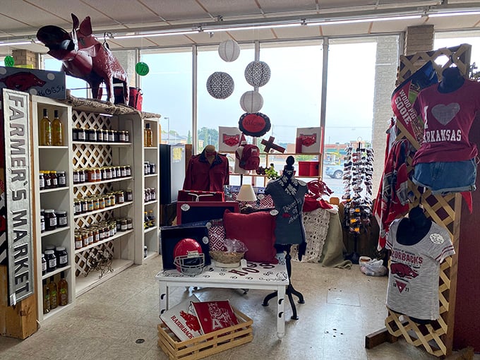 Razorback heaven! From jerseys to jams, this corner celebrates Arkansas pride with enough red merchandise to make a Hog fan's heart skip a beat.