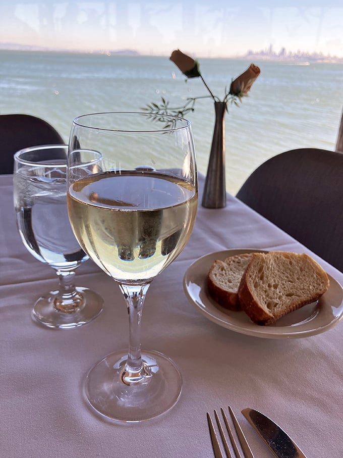 Sometimes the best appetizer is simply this: California chardonnay, fresh sourdough, and a front-row seat to the San Francisco skyline.