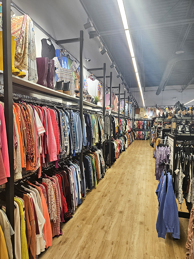 Color-coordinated clothing corridors create a shopper's dream landscape. This organization system deserves its own TED Talk on retail psychology.