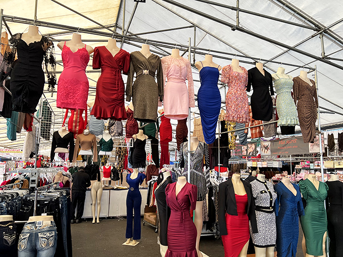 Fashion finds hang like colorful dreams, where yesterday's trends become tomorrow's vintage treasures at unbeatable prices.