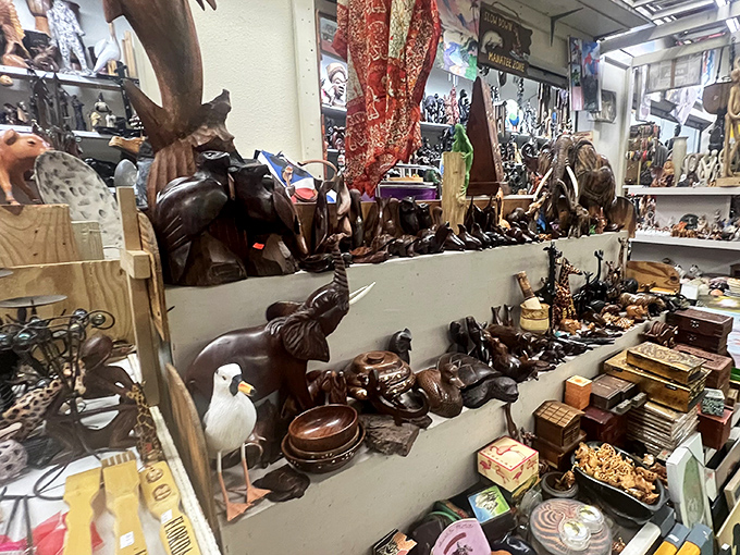 Wooden treasures and carved curiosities line the shelves like a global artisan showcase that fits in your carry-on.