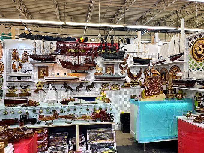 This nautical-themed booth is a miniature maritime museum. From model ships to wooden seahorses, it's a landlocked ocean of craftsmanship.