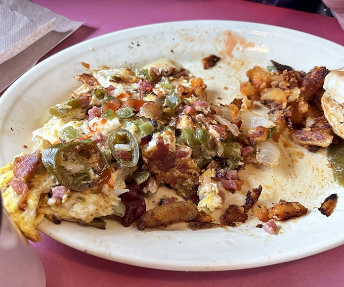 This omelet has more fillings than my last dental appointment, but infinitely more enjoyable. A beautiful chaos of breakfast ingredients.