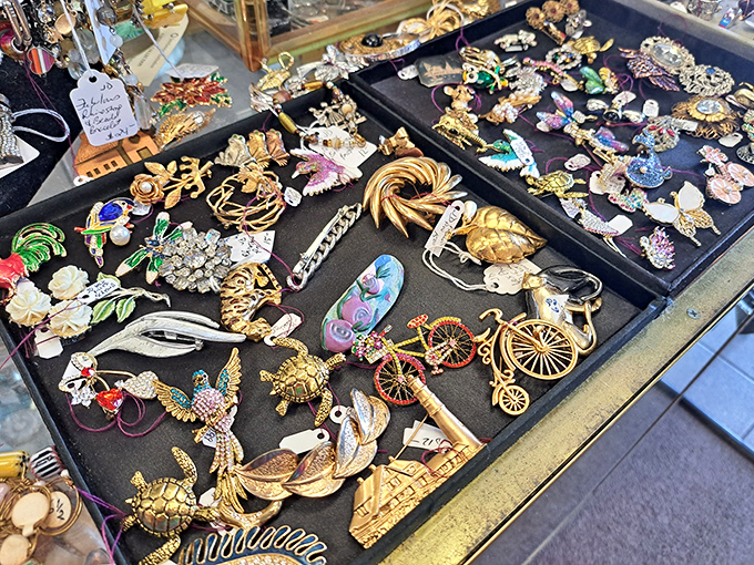 A treasure trove of vintage brooches and costume jewelry that would make Elizabeth Taylor swoon. Each piece tells a story of fashion eras gone by.