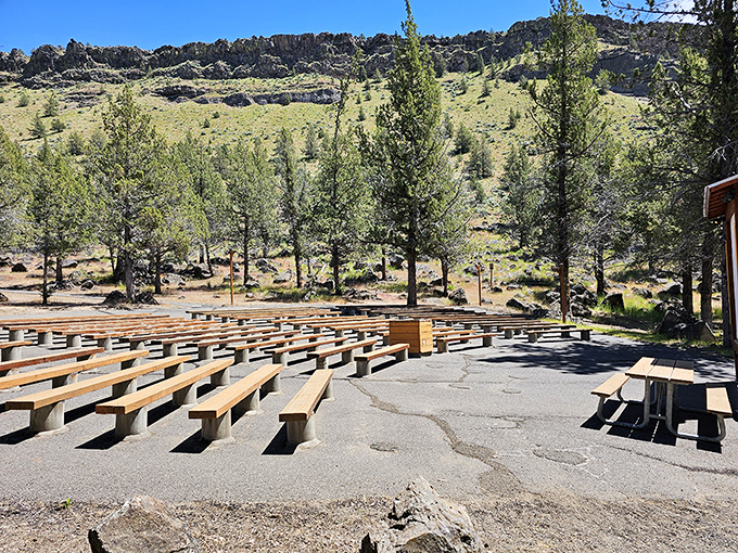 This outdoor amphitheater setup proves that Mother Nature knows how to design the perfect venue for gatherings under open skies.