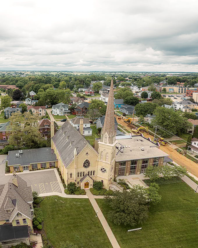 From above, Monroe reveals itself as a patchwork of neighborhoods, churches, and green spaces—a small town with a big heart and modest price tag.