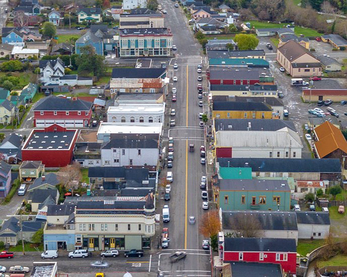 This aerial view shows how Ferndale's compact downtown remains surrounded by the pastoral landscape that made it "Cream City" during the Gold Rush era.
