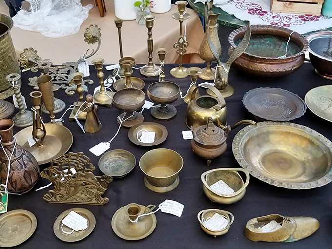 Brass from the past! These burnished vessels once graced homes across generations, now waiting for new mantels to adorn and stories to be part of.