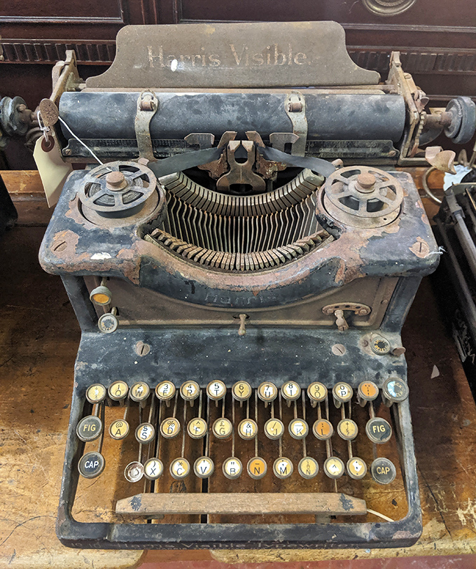The Harris Visible typewriter sits in silent testimony to an era when correspondence required more commitment than hitting "send."