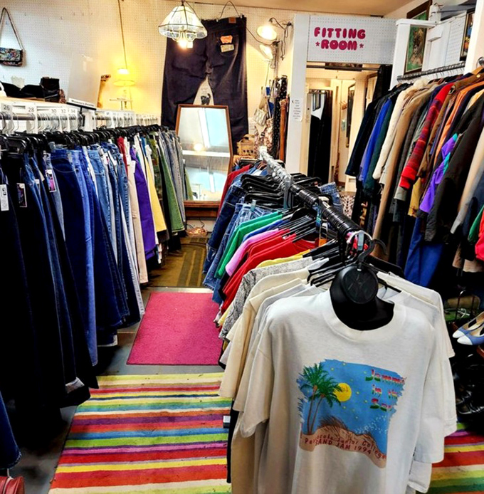 The vintage clothing section: where yesterday's fashion becomes tomorrow's statement piece, complete with a fitting room for time-travel tryons.