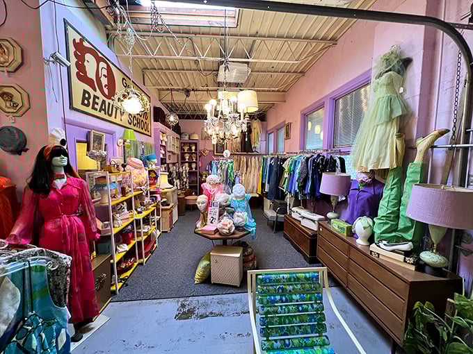 The vintage clothing section is curated like a Hollywood costume department, where every piece whispers stories of cocktail parties and sock hops past.