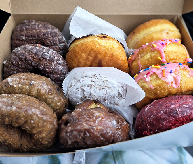 A donut box that contains more joy than most people experience in an entire week. The chocolate-frosted ones are practically doing a happy dance.