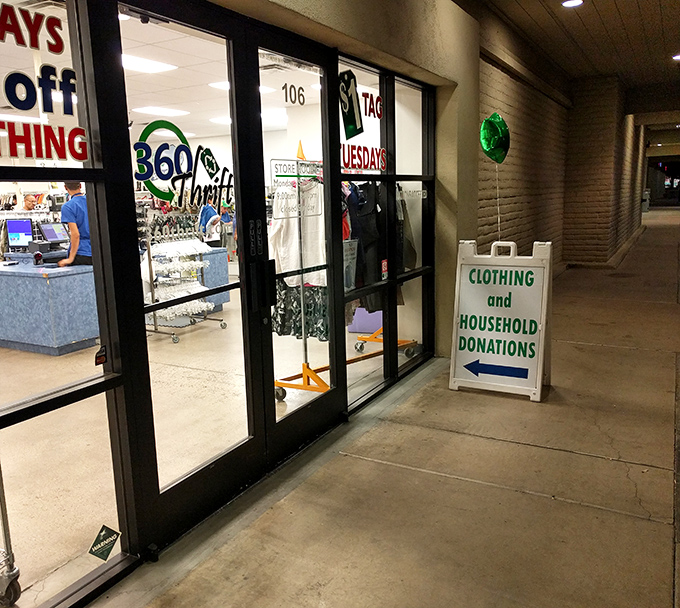 "Clothing and Household Donations" &ndash; the sign that keeps this treasure trove constantly refreshed with new possibilities.