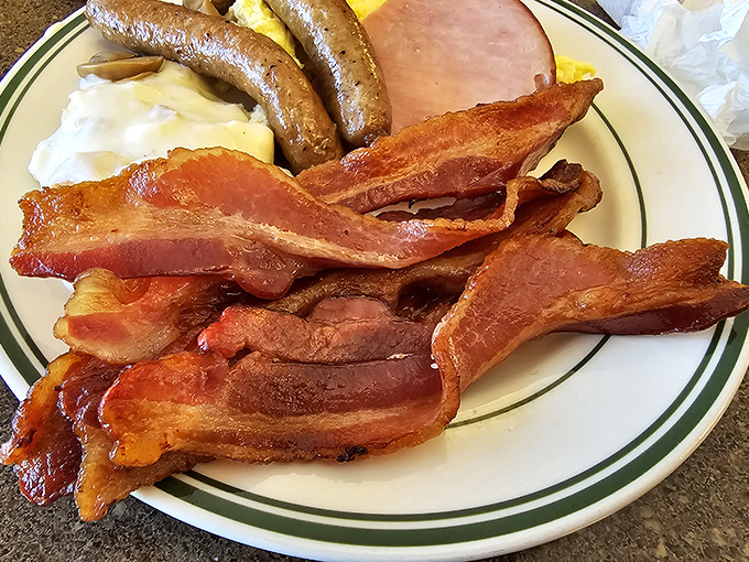 Bacon that doesn't just sizzle but performs&mdash;crispy, substantial strips that make breakfast feel like the main event it deserves to be.