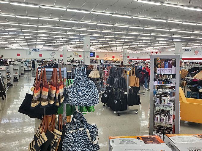 Handbag heaven! Like a fashionista's library where each purse tells a different story—some bestsellers, others quirky indie publications.