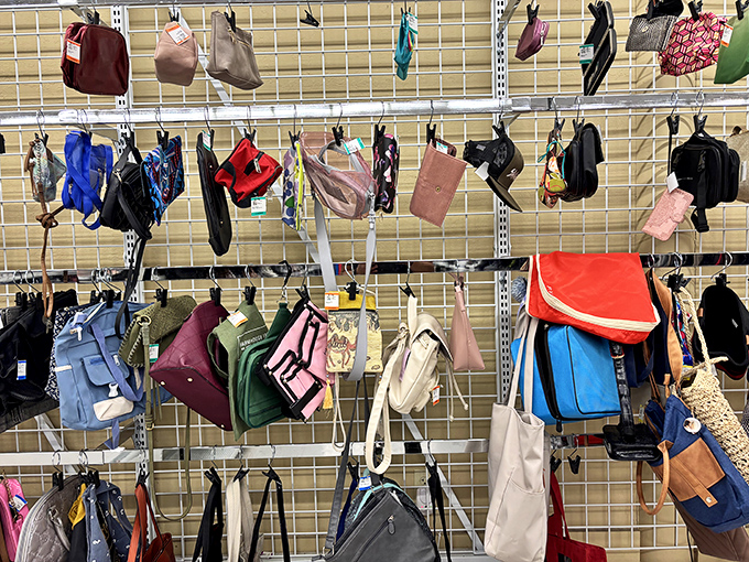 Handbag heaven or purse paradise? Either way, this wall of accessories proves that yesterday's fashion statements are today's vintage finds at fraction of original prices.