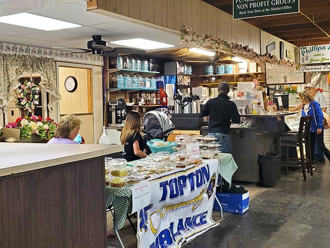 Homemade treats that grandma would approve of. The checkered tablecloth signals comfort food territory where calories don't count on market days.