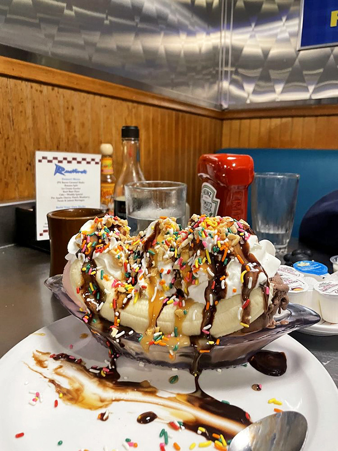 A banana split that laughs in the face of restraint&mdash;complete with enough whipped cream, sprinkles and sauces to make a dentist weep.