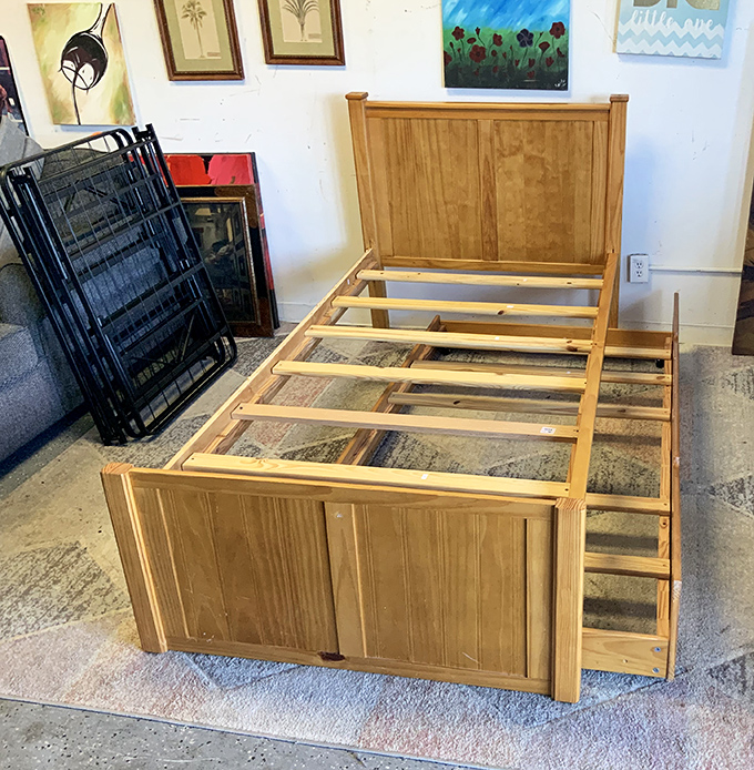 This solid wood bed frame whispers "quality craftsmanship" in a world of particle board and Allen wrenches.