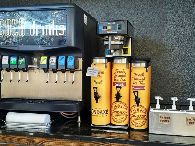 Sweet tea dispensers standing at attention like soldiers guarding the gateway to proper Southern hospitality.
