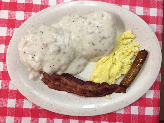 Biscuits and gravy &ndash; the Southern handshake. This plate doesn't just say good morning; it gives you a warm, peppery hug that lasts until lunch.