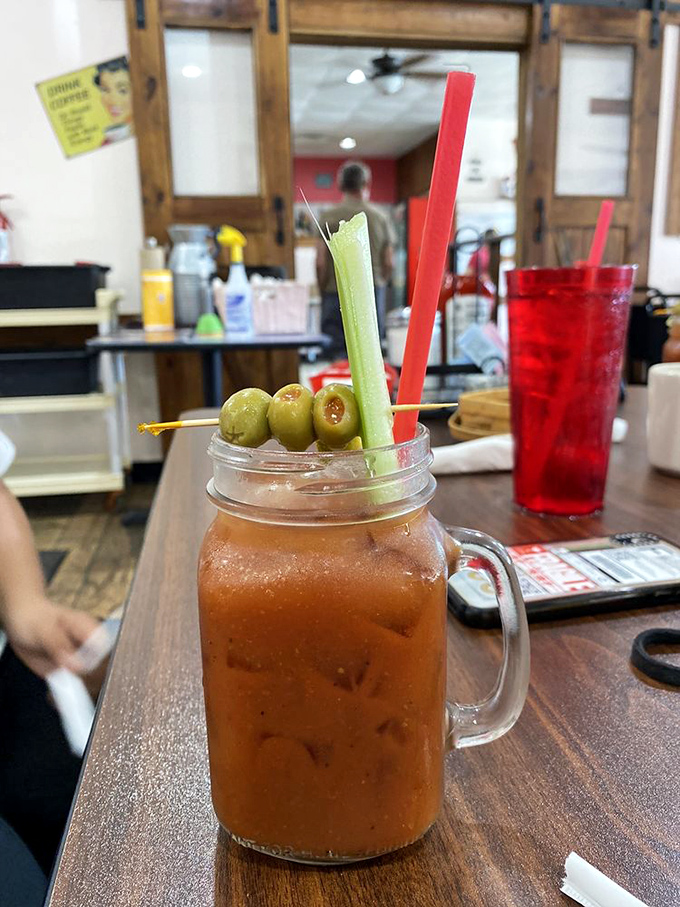 Their Bloody Mary arrives like a meal in a glass, garnished with enough olives and celery to count as a vegetable serving. Breakfast of champions, indeed.