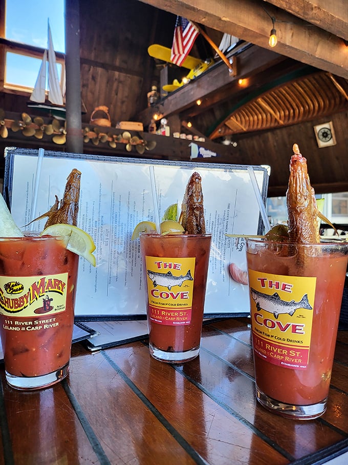 These Bloody Marys come with their own fishing expedition. Each glass doubles as both cocktail and appetizer, with smoked fish playing the starring role.