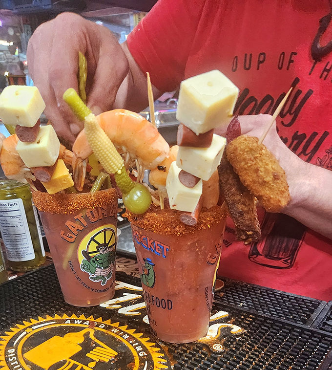 These loaded Bloody Marys aren't just drinks, they're architectural achievements&mdash;skyscrapers of garnish that require a building permit and an appetite.